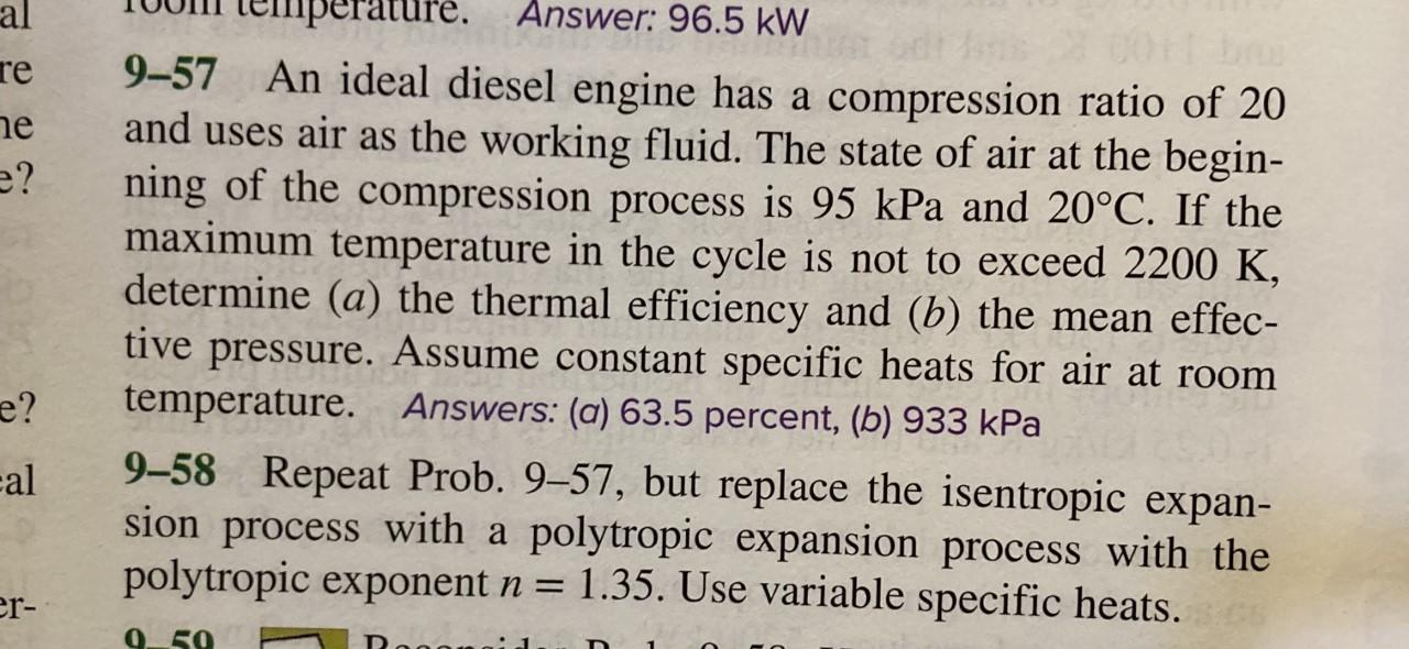 Solved 9-57 An ideal diesel engine has a compression ratio | Chegg.com