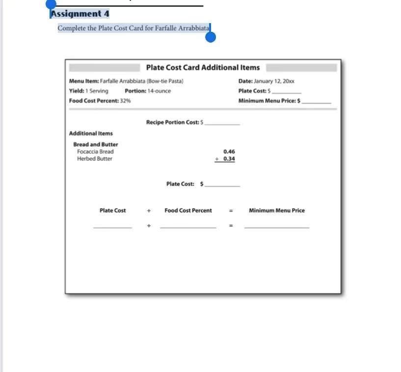 Assignment 4 Complete the Plate Cost Card for | Chegg.com
