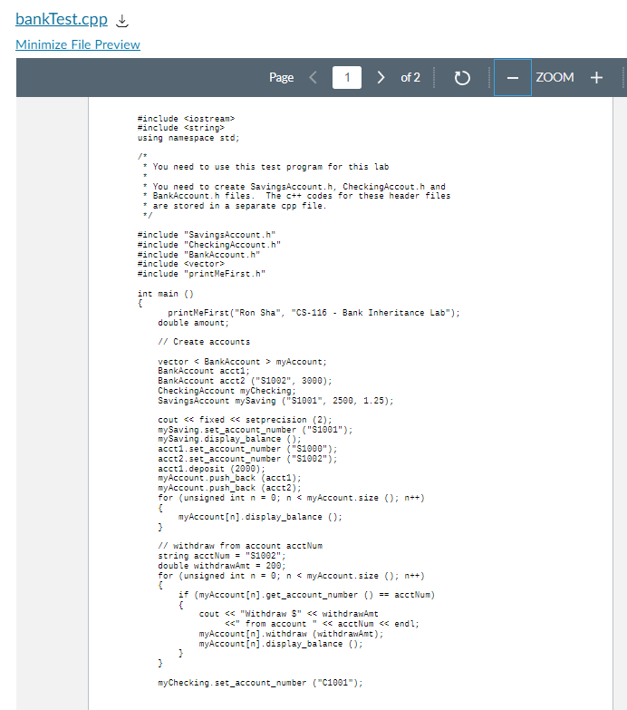 Solved Lab 7 - Bank Inheritance - CS-116 . 1. Define a class | Chegg.com