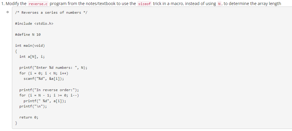 Solved 1. Modify the reverse.c program from the | Chegg.com