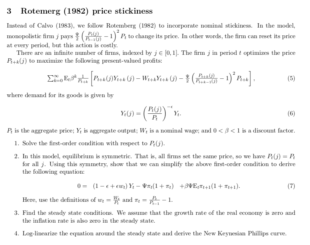 Solved 3 Rotemerg (1982) price stickiness Instead of Calvo | Chegg.com