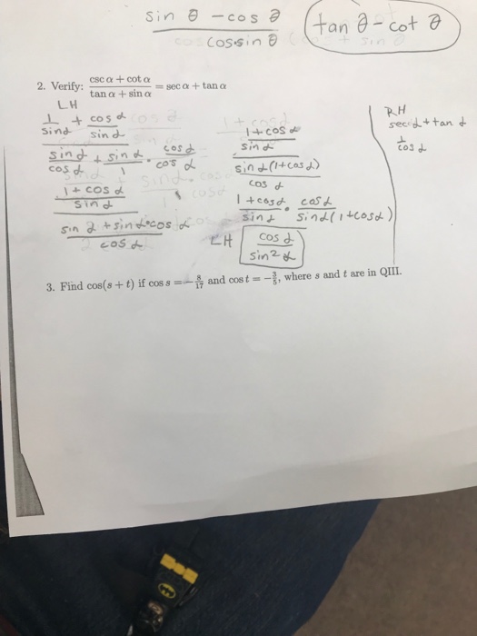 Solved csc ? + cot ? tan ? + sin ? 2. Verify: -sec ? + tan ? | Chegg.com