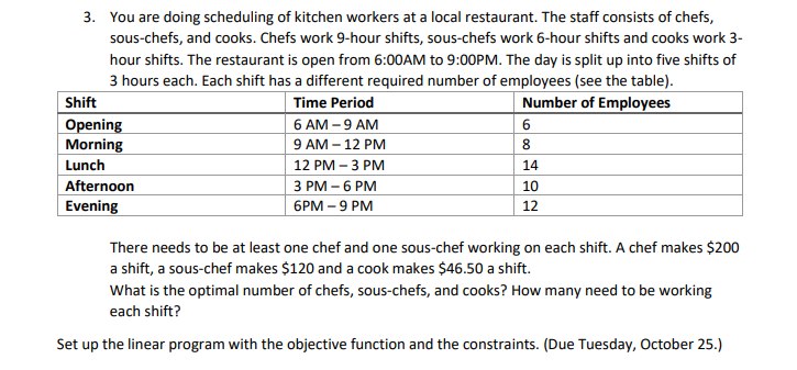 3. You are doing scheduling of kitchen workers at a | Chegg.com