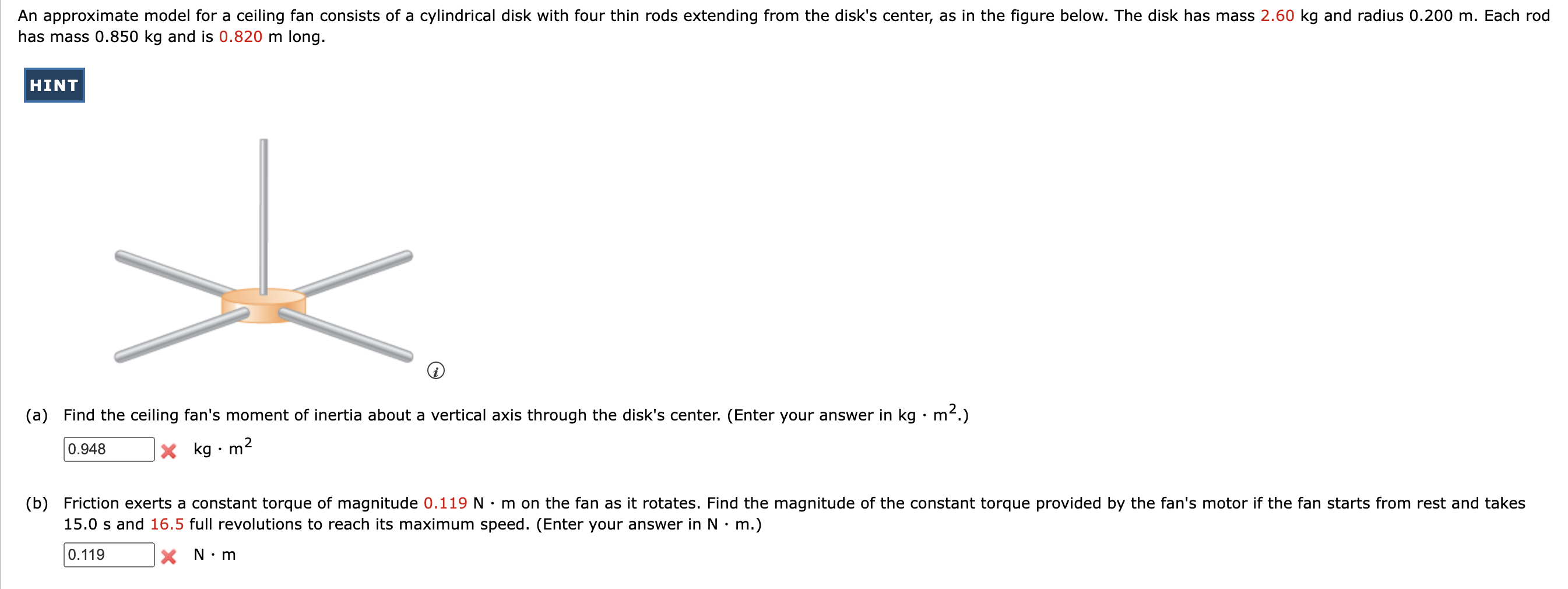 Solved An approximate model for a ceiling fan consists of a | Chegg.com