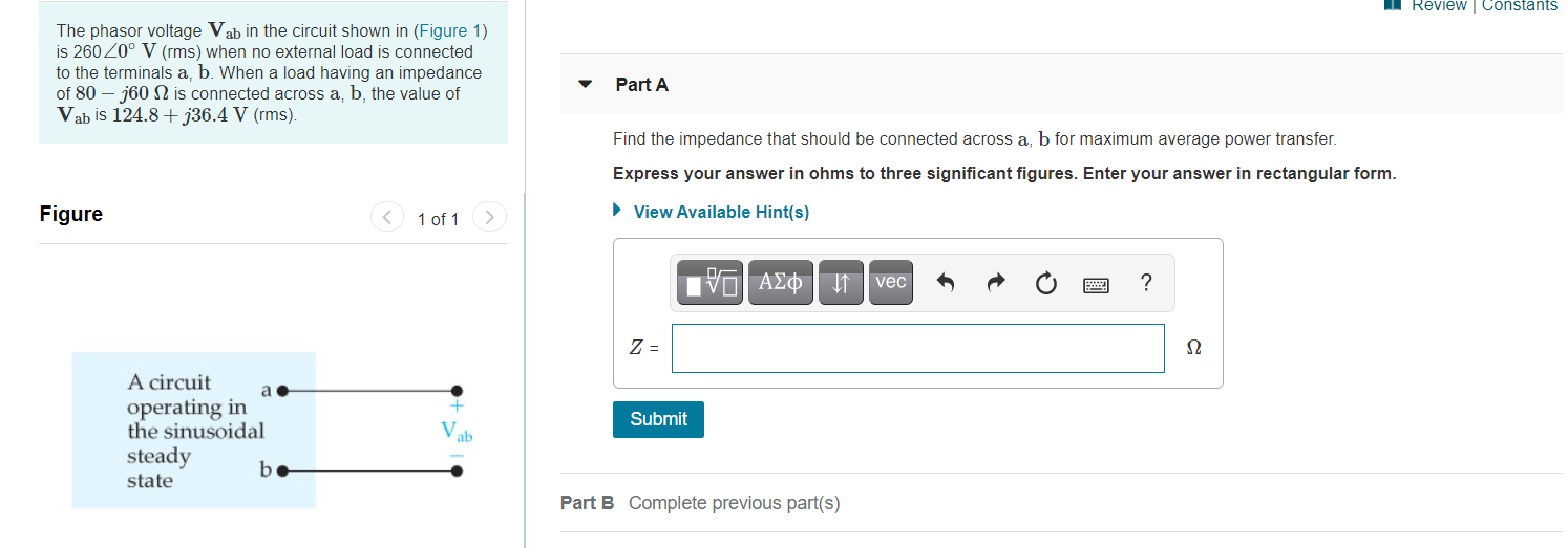 Solved 1 Review Constants The phasor voltage Vab in the | Chegg.com