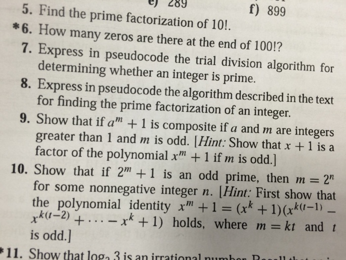 ) 289 f) 899 5. Find the prime factorization of 10 7. | Chegg.com