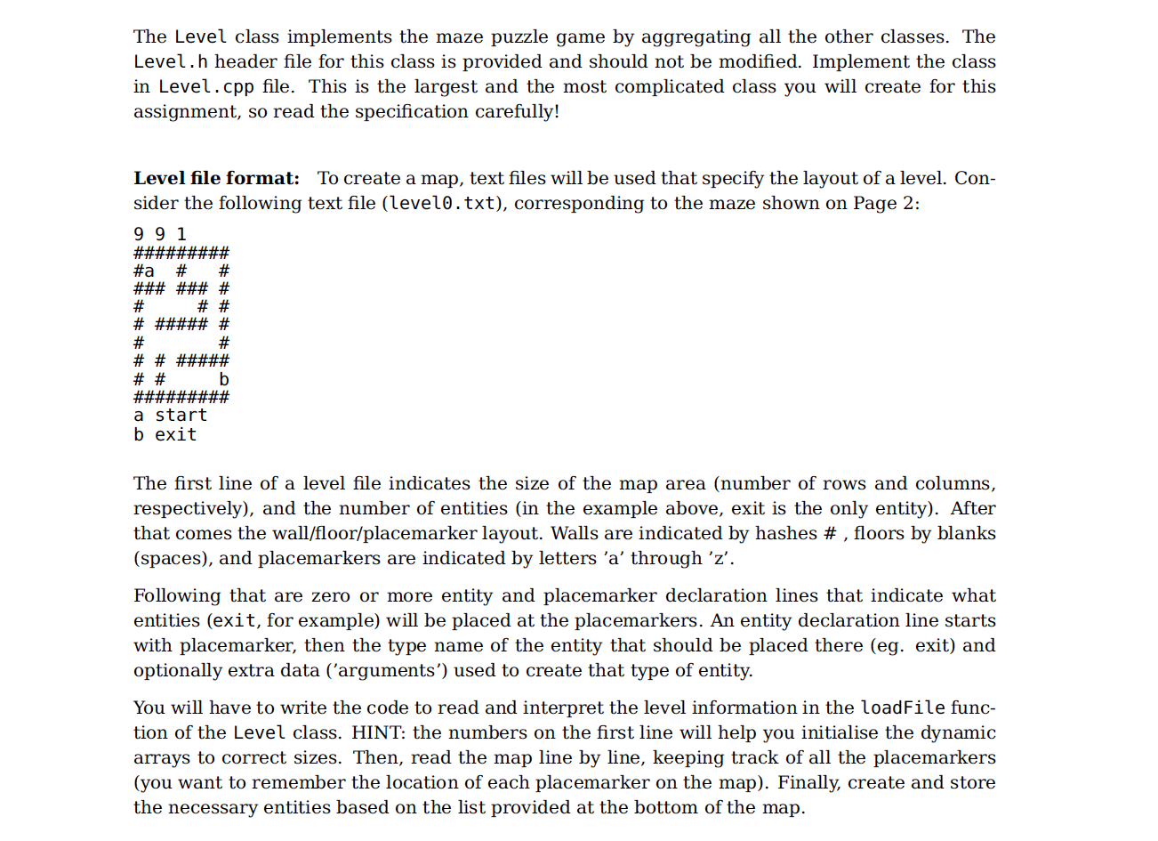 Create C++ class : Level.cpp Level.h Given : (Entity, | Chegg.com