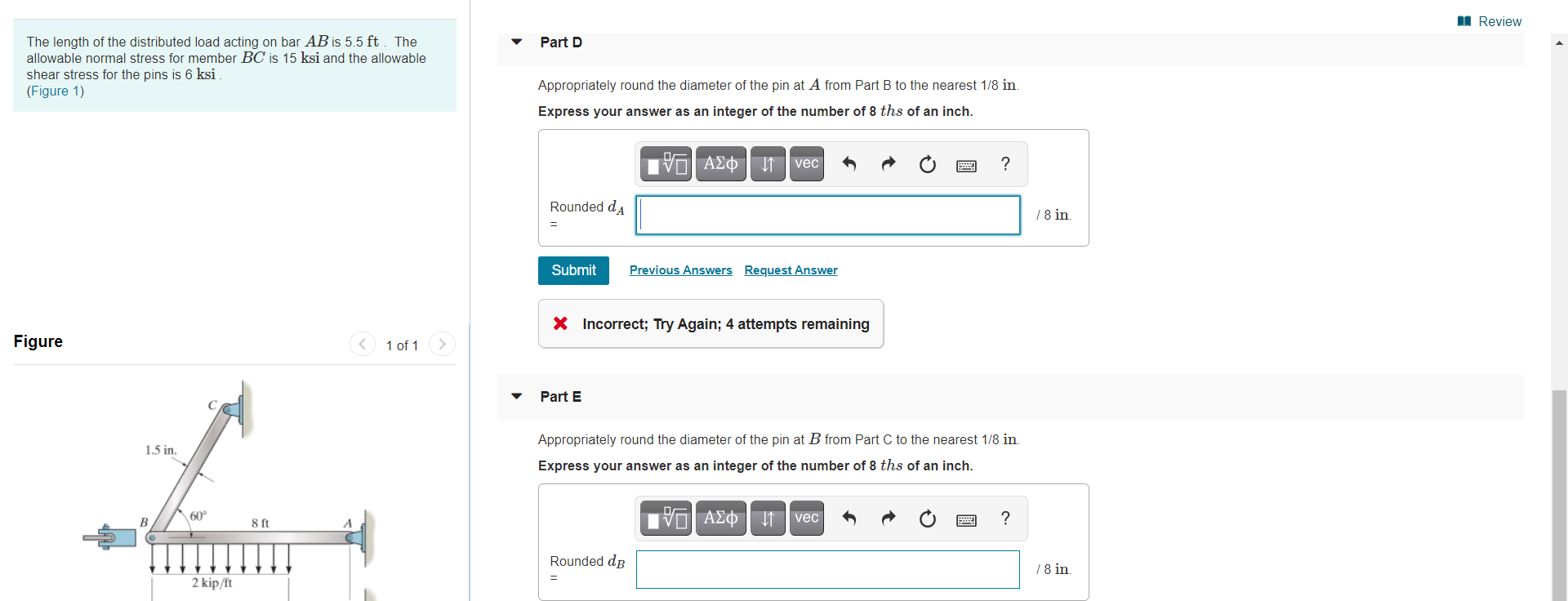 Solved 1 Review Part D The length of the distributed load | Chegg.com