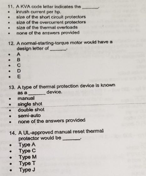 Solved 11. A KVA code letter indicates the inrush current | Chegg.com