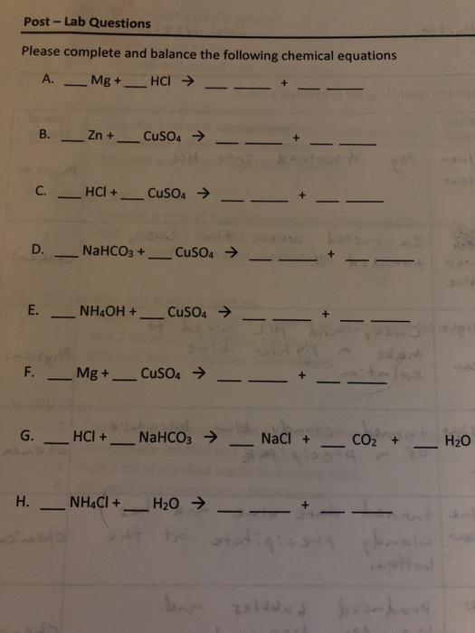 Solved Post- Lab Questions Please complete and balance the | Chegg.com