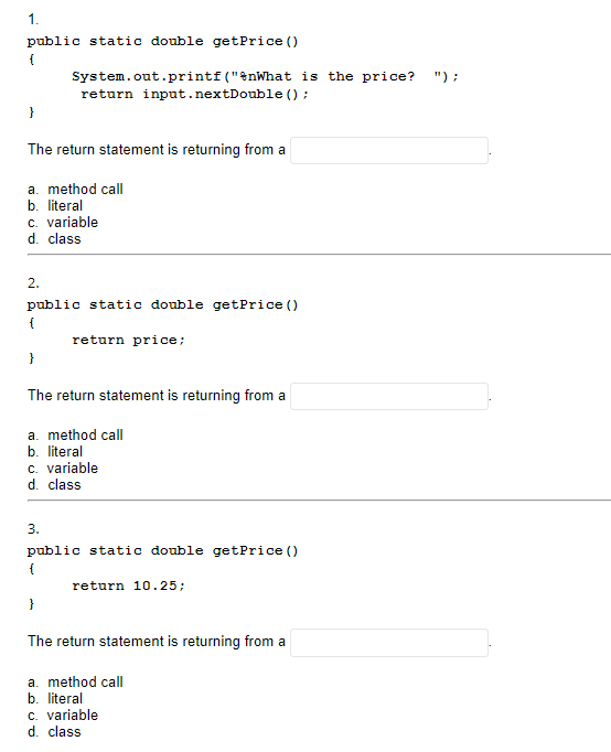 Solved 1. public static double getPrice () { | Chegg.com