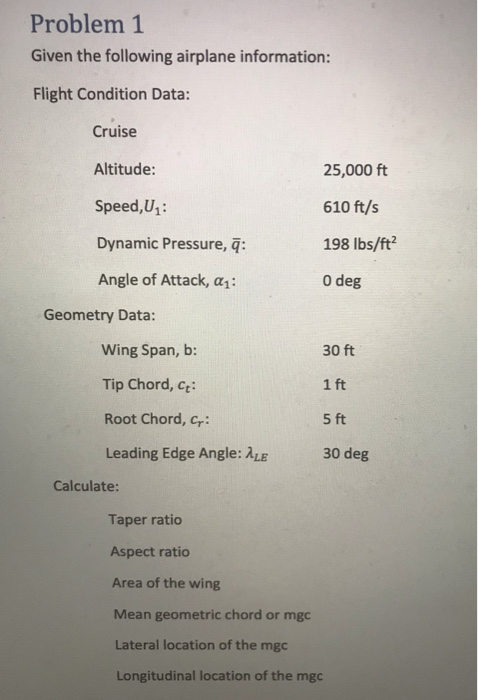 Solved Problem 1 Given the following airplane information: | Chegg.com