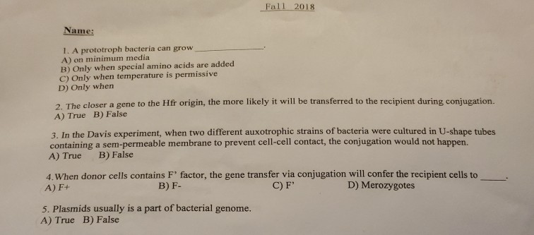 Solved Fall 2018 Name: 1. A prototroph bacteria can grow A) | Chegg.com
