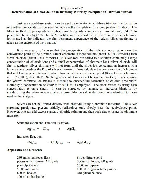 Solved Experiment #7 Determination of Chloride Ion in | Chegg.com