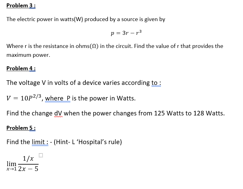 Solved Problem 3 : The electric power in watts(W) produced | Chegg.com