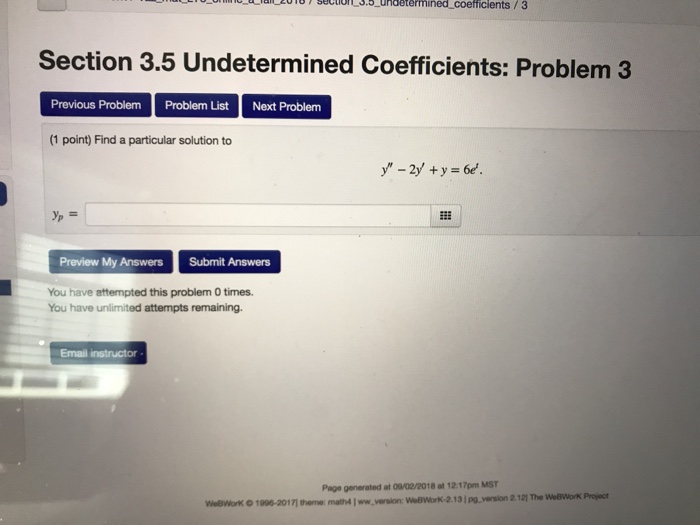 Solved Section 3.4 Repeated Roots: Problem 10 Previous | Chegg.com