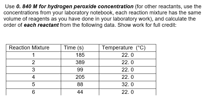 Solved Use 0.840M for hydrogen peroxide concentration (for | Chegg.com