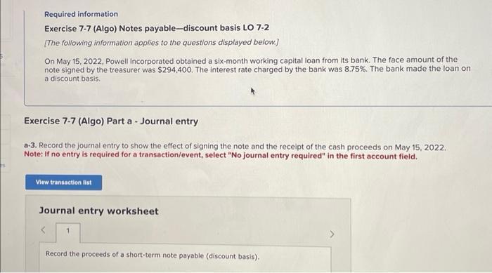 Solved Required information Exercise 7-7 (Algo) Notes | Chegg.com