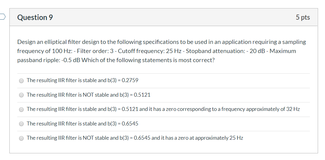 Solved Question 9 5 pts Design an elliptical filter design | Chegg.com