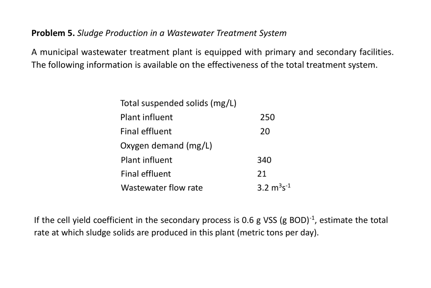Solved Problem 5. Sludge Production in a Wastewater | Chegg.com