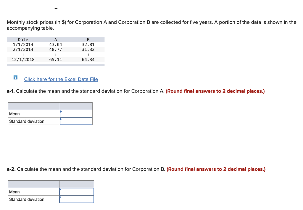Monthly stock prices (in $) for Corporation A and | Chegg.com