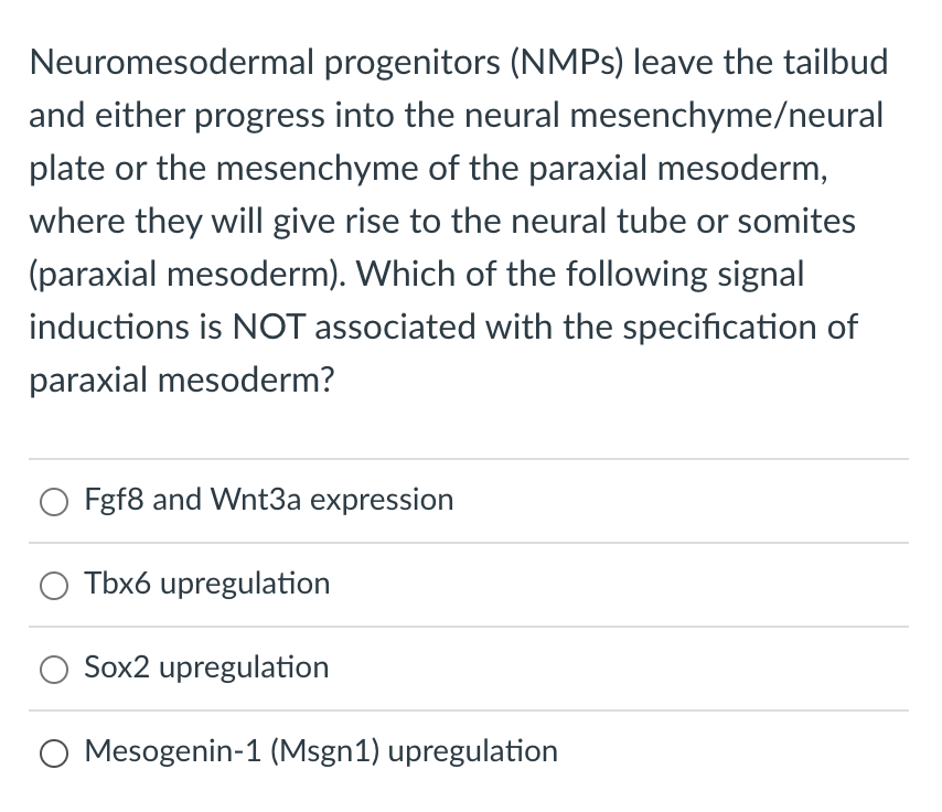 Solved Neuromesodermal progenitors (NMPs) leave the tailbud | Chegg.com