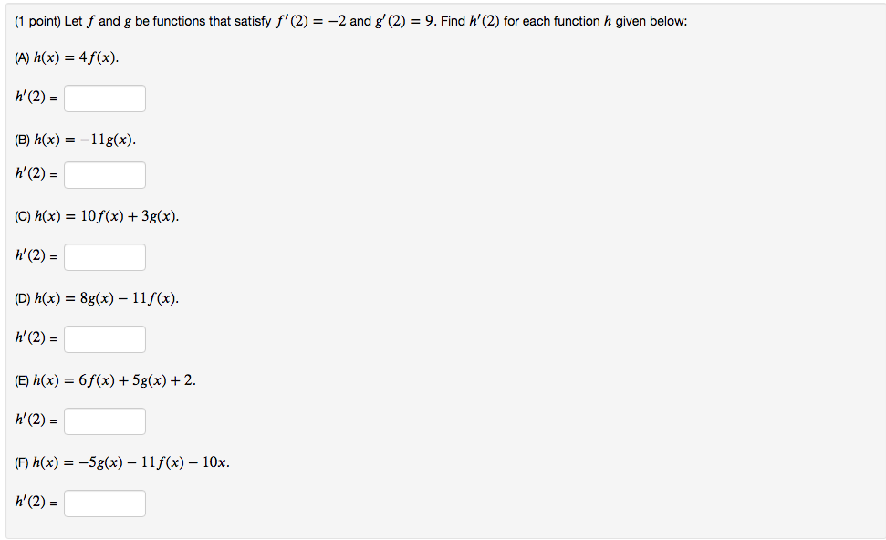 Solved (1 point) Let f and g be functions that satisfy f'(2) | Chegg.com