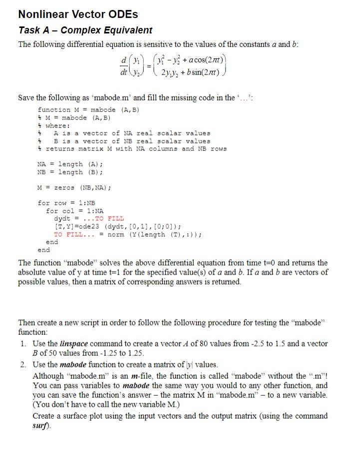 Solved Nonlinear Vector ODES Task A - Complex Equivalent The | Chegg.com