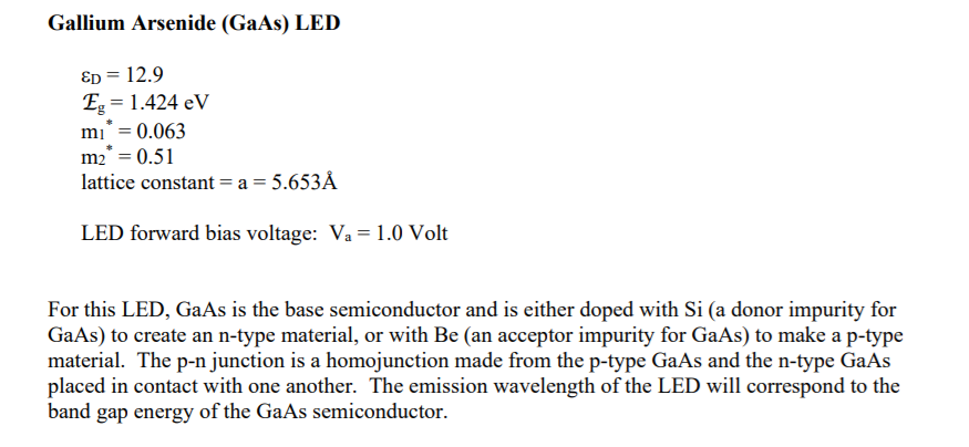 Gallium Arsenide (GaAs) LED ED = 12.9 Eg = 1.424 eV | Chegg.com