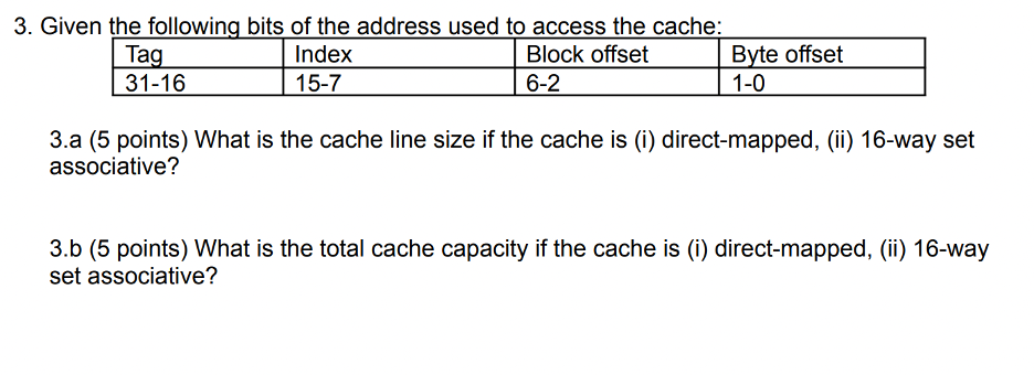Solved 3.a (5 points) What is the cache line size if the | Chegg.com
