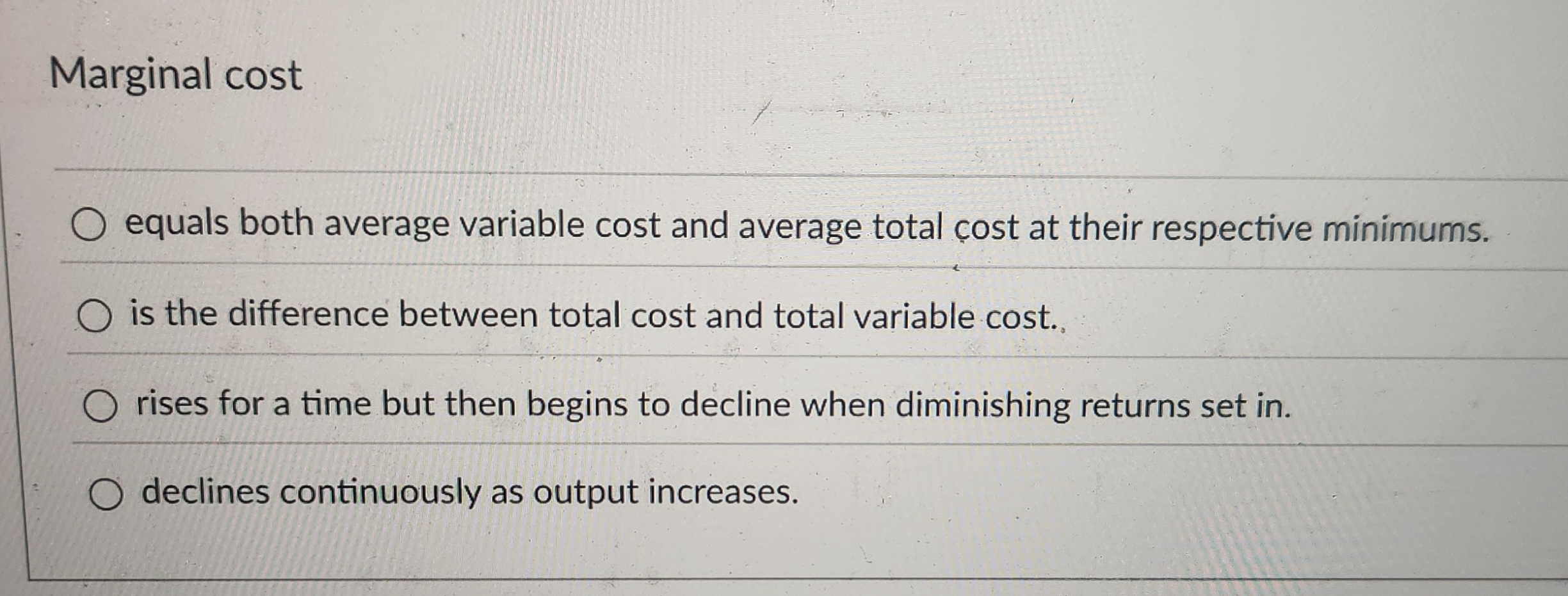 Solved Marginal costequals both average variable cost and | Chegg.com