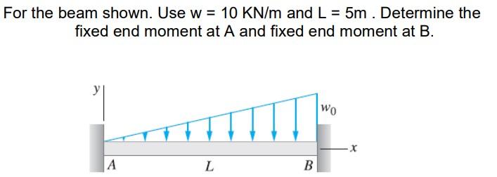 Solved For the beam shown. Use w=10KN/m and L=5 m. Determine | Chegg.com