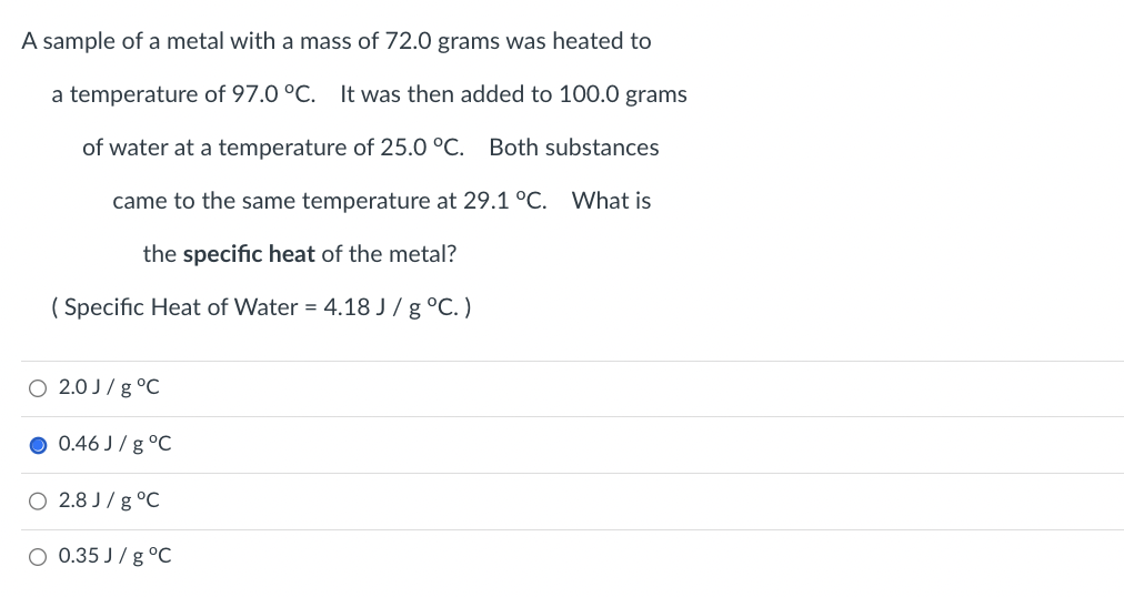 Solved A sample of a metal with a mass of 72.0 grams was | Chegg.com