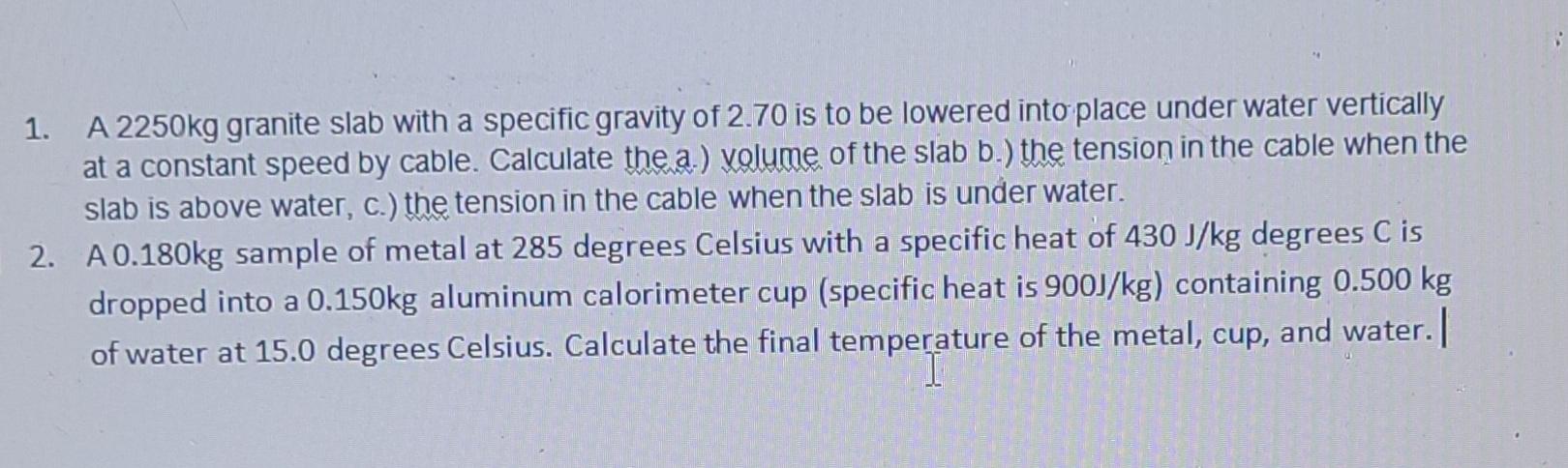 Solved 1. A 2250kg granite slab with a specific gravity of | Chegg.com