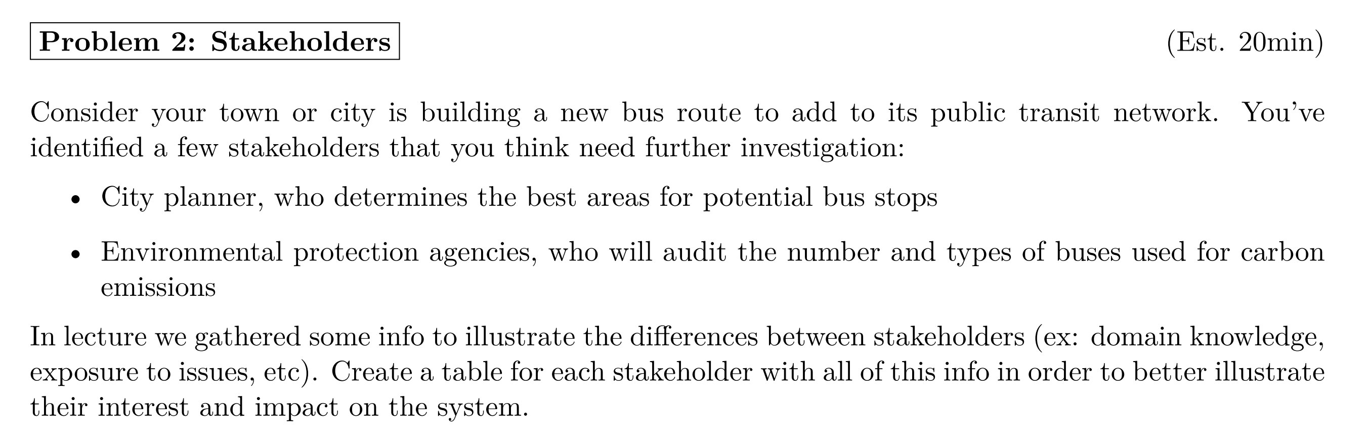 Solved Problem 2: Stakeholders (Est. 20min) Consider your | Chegg.com
