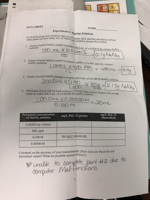Solved DATA SHEET NAME Experiment 6:Making Solutions lutions | Chegg.com Solved DATA SHEET NAME Experiment 6:Making Solutions lutions | Chegg.com