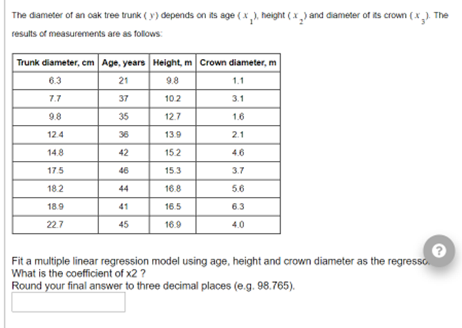 Solved The diameter of an aak tree trunk (y) depends on its | Chegg.com