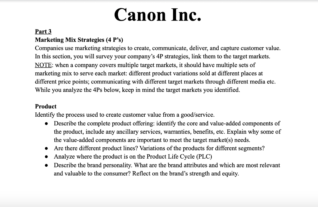 Solved Canon Inc. Part 3 Marketing Mix Strategies (4 P's) | Chegg.com
