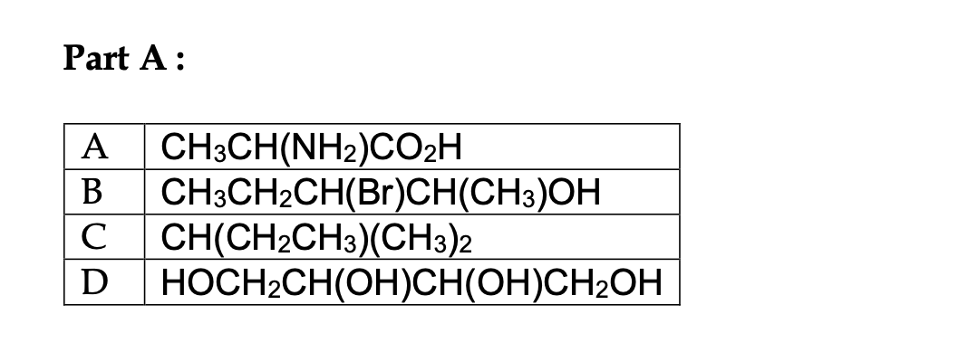 Solved Part A: A B С D CH3CH(NH2)CO2H CH3CH2CH(Br)CH(CH3)OH | Chegg.com
