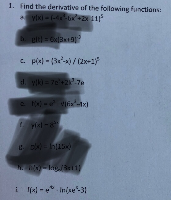 Solved 1. Find the derivative of the following functions: | Chegg.com