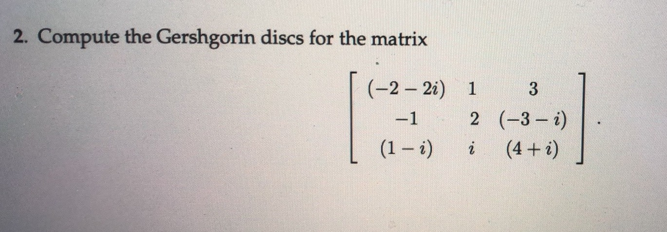 Solved 2. Compute the Gershgorin discs for the matrix (-2 | Chegg.com