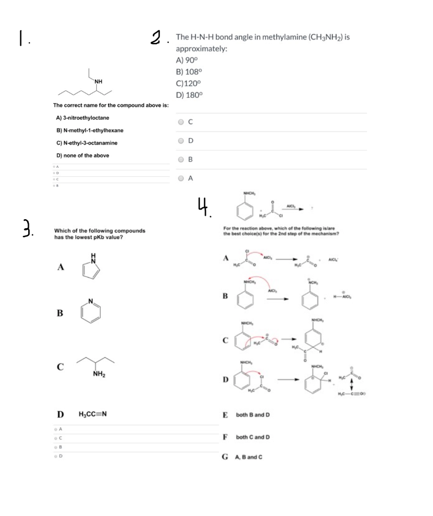 Solved 1. The H-N-H bond angle in methylamine (CH3NH2) is | Chegg.com