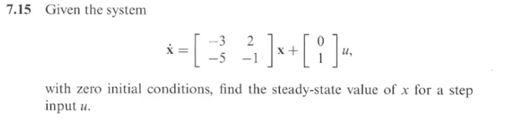 Solved 7.15 ﻿Given the systemx˙=[-32-5-1]x+[01]u,with zero | Chegg.com