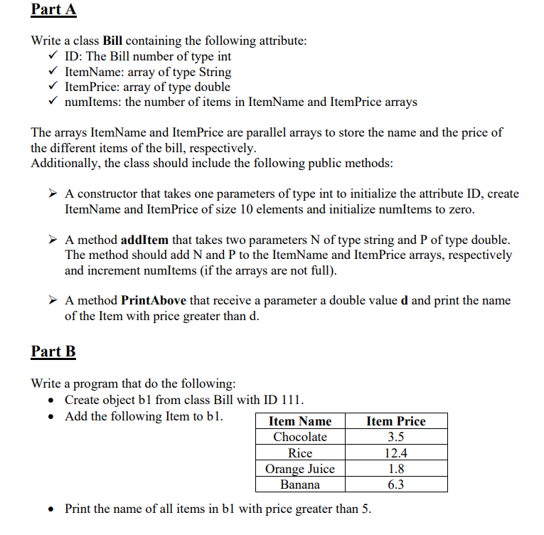 Solved Part A Write a class Bill containing the following | Chegg.com