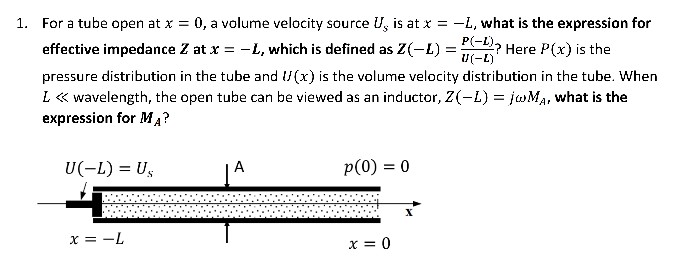 1. For a tube open at x = 0, a volume velocity source | Chegg.com