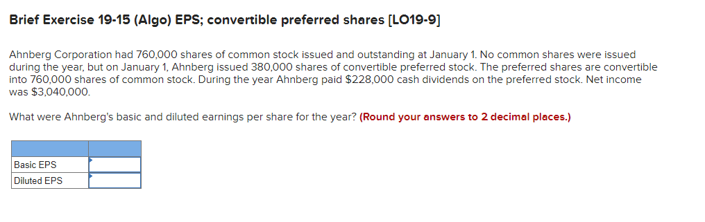 Solved Brief Exercise 19-15 (Algo) EPS; convertible | Chegg.com