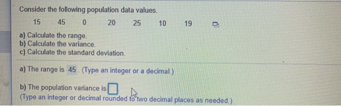 Solved Consider the following population data values. 15 45 | Chegg.com