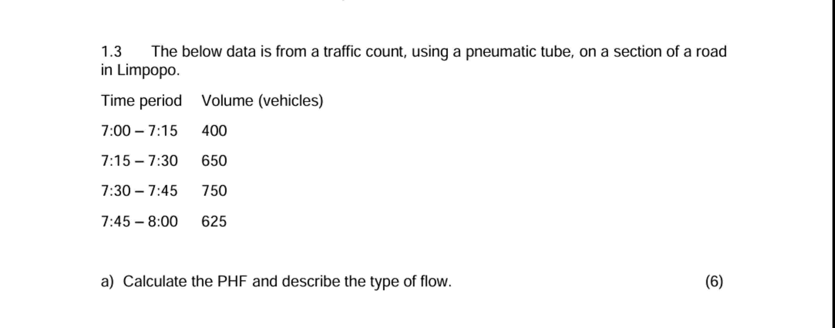 Solved 1.3 ﻿The below data is from a traffic count, using a | Chegg.com