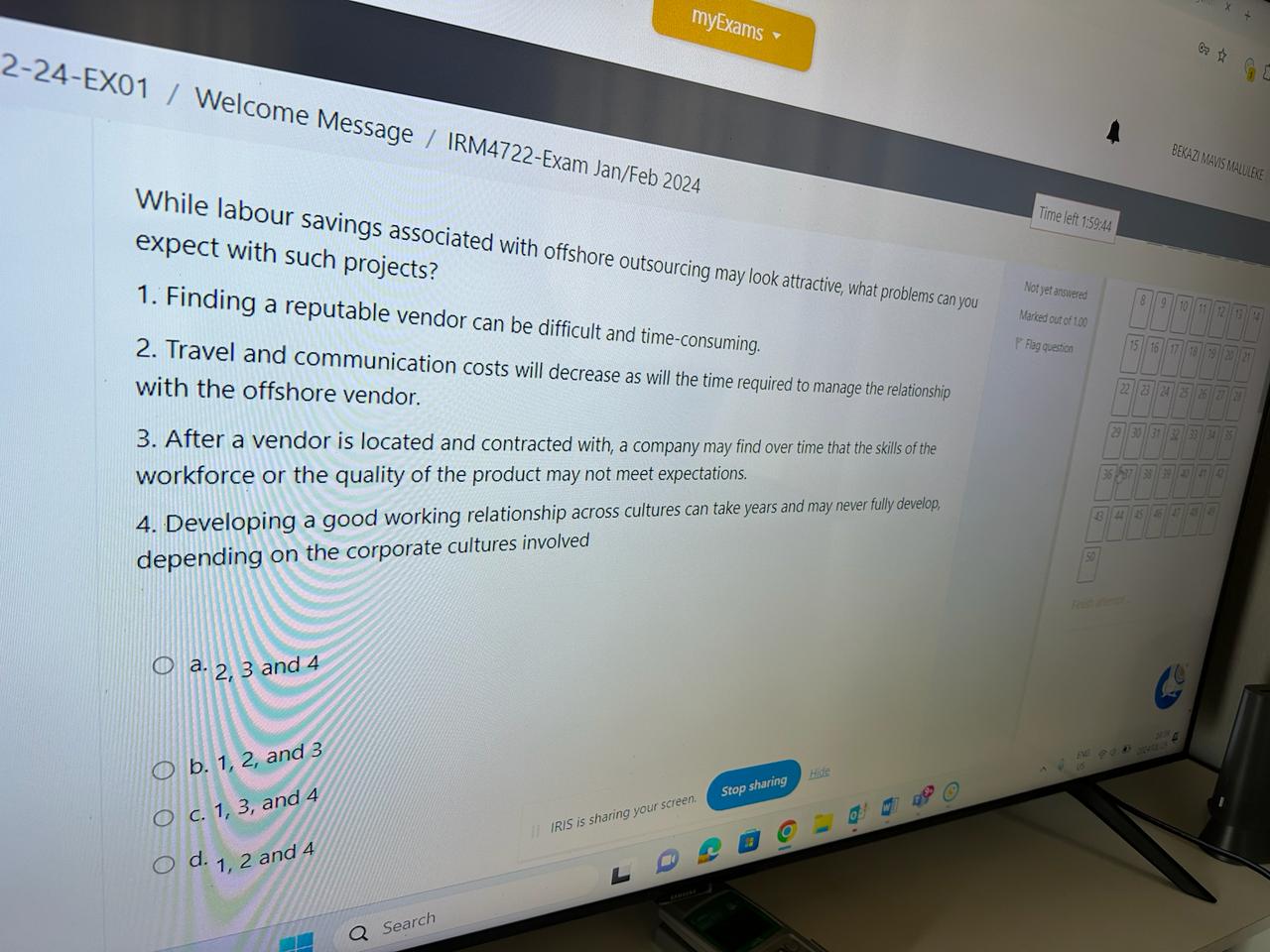 Solved 2-24-EX01 / ﻿Welcome Message / ﻿IRM4722-Exam Jan/Feb | Chegg.com