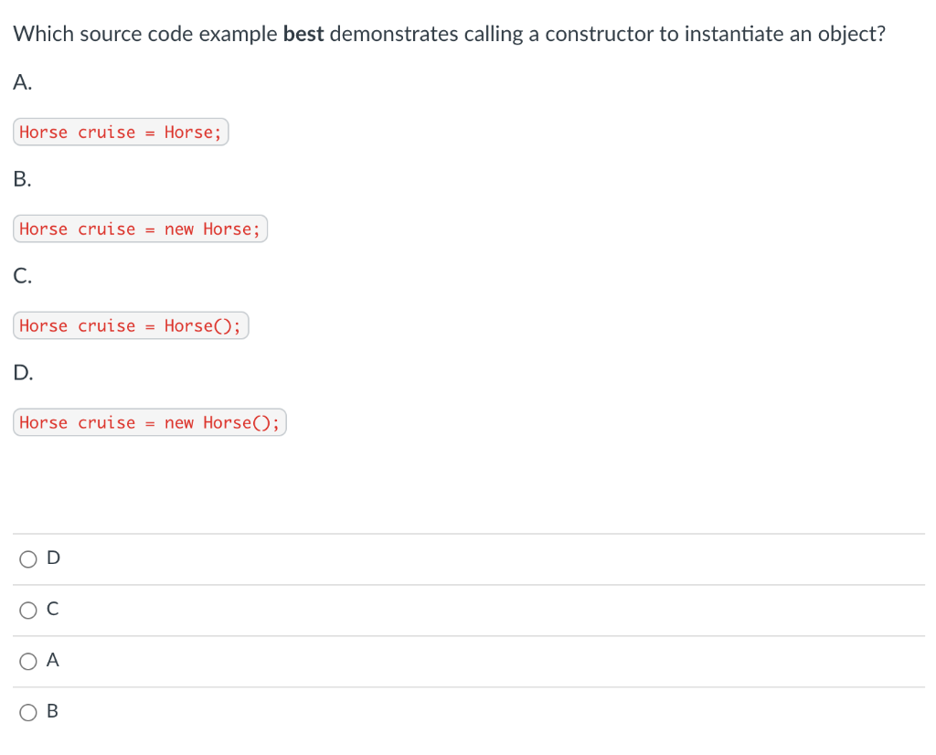 Solved Which source code example best demonstrates how to | Chegg.com